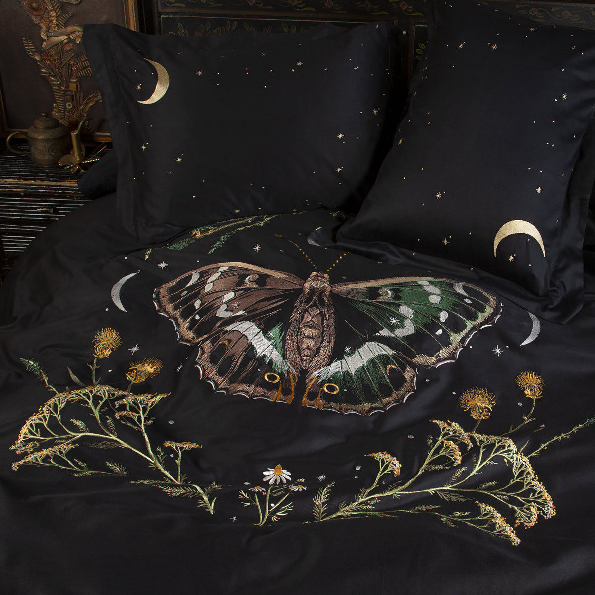 Midnight Moth Embroidered Duvet Covers - Bedding by Sin in Linen